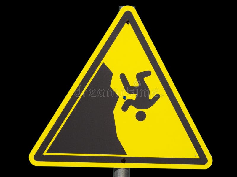 Yellow Triangular Sign with a Man Falling from a Cliff on a Black ...