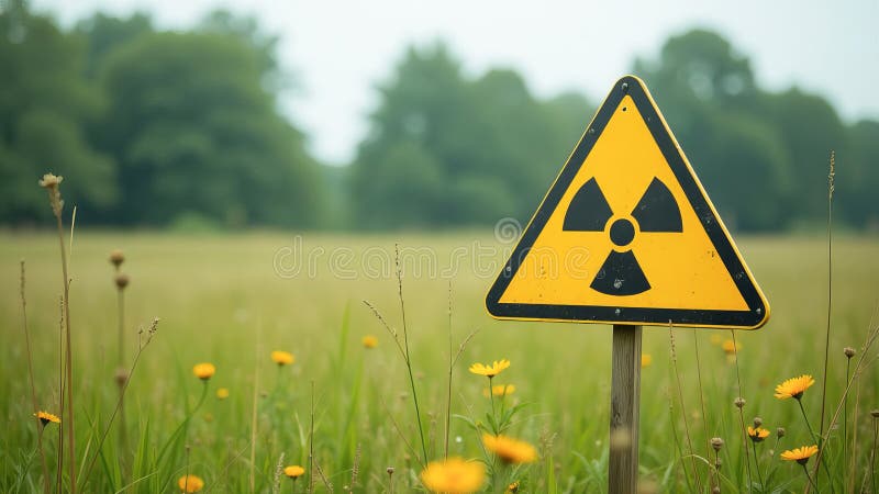 Yellow Triangular Sign with Nuclear Symbol in Open Field. Stock Photo ...