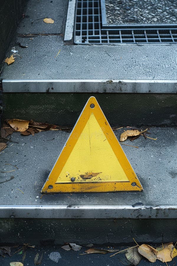 A Yellow Triangular Sign Placed on the Steps of a Building, Suitable ...