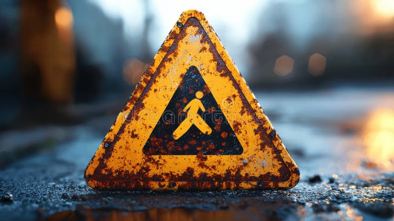 Yellow Triangular Warning Sign Placed on the Ground in an Outdoor ...