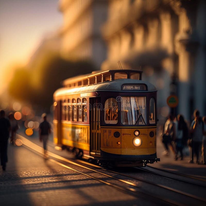 Yellow Trolley Bus Driving through a Cityscape at Sunset, AI-generated ...