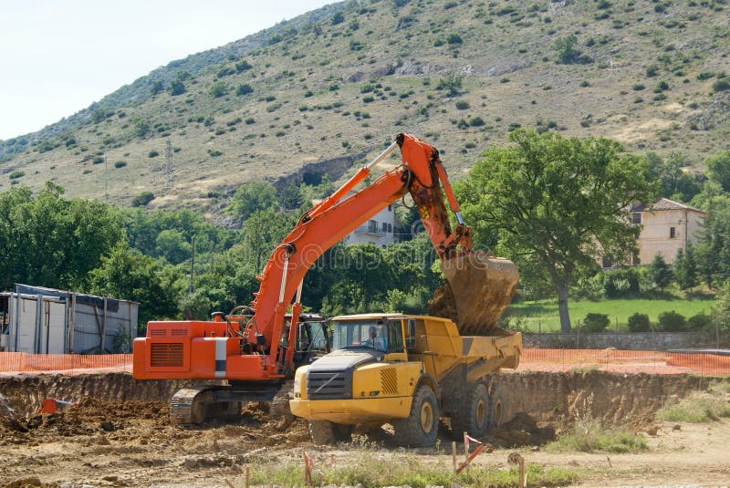 Yellow Truck in Construction Site Stock Image - Image of move, carry ...