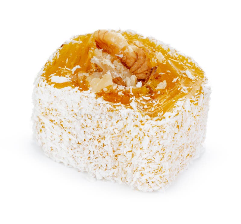 Yellow Turkish Delight with Nuts in Powdered Sugar Isolated on White ...