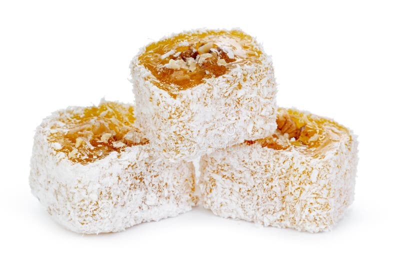 Yellow Turkish Delight with Nuts in Powdered Sugar Isolated on White ...