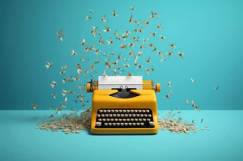Yellow Typewriter with Flying Papers on Blue Background. Inspiration ...