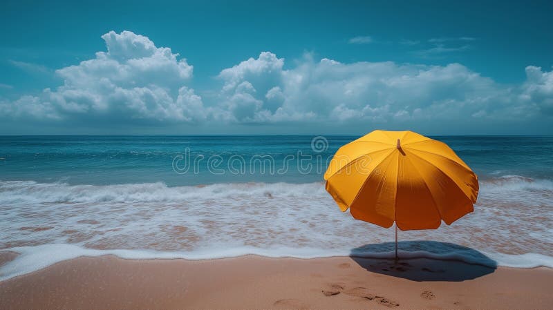 Yellow Umbrella Beach Scene Under Bright Sky Stock Photo - Image of ...