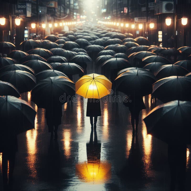 A Yellow Umbrella among Many Black Umbrellas. Stock Illustration ...