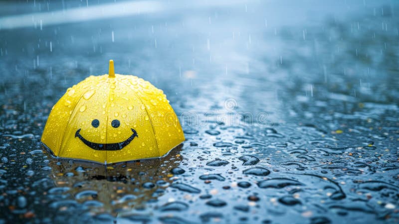 Yellow Umbrella with Smiley Face in the Rain Stock Image - Image of ...