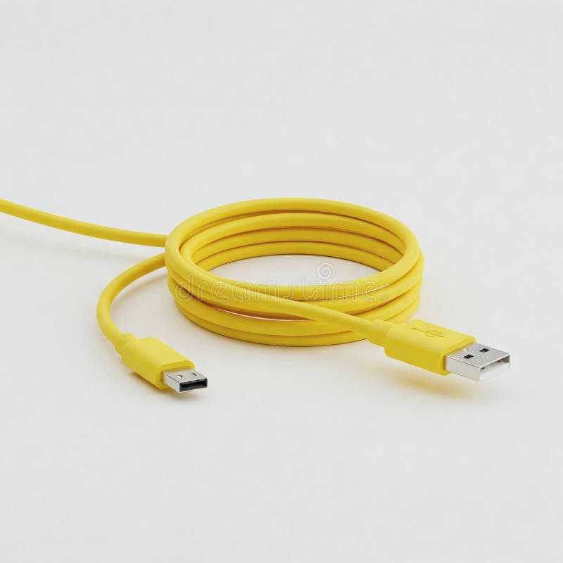 Yellow USB Cable on a White Background. 3d Rendering. Computer Digital ...