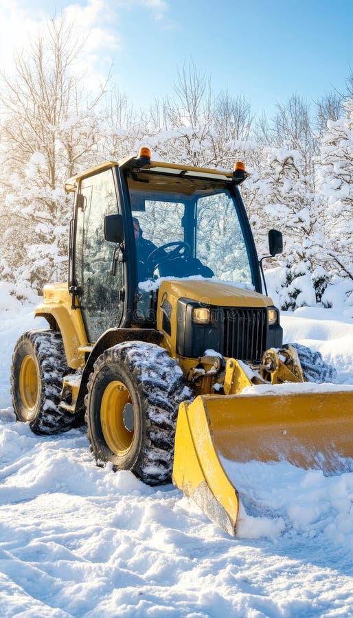 Yellow Utility Tractor with Snow Plow Attachment Clearing Snow on a ...