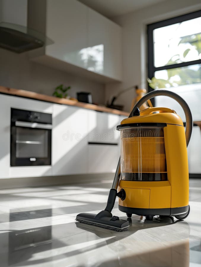 Yellow Vacuum Cleaner in Modern Kitchen Interior Setting. Stock Photo ...