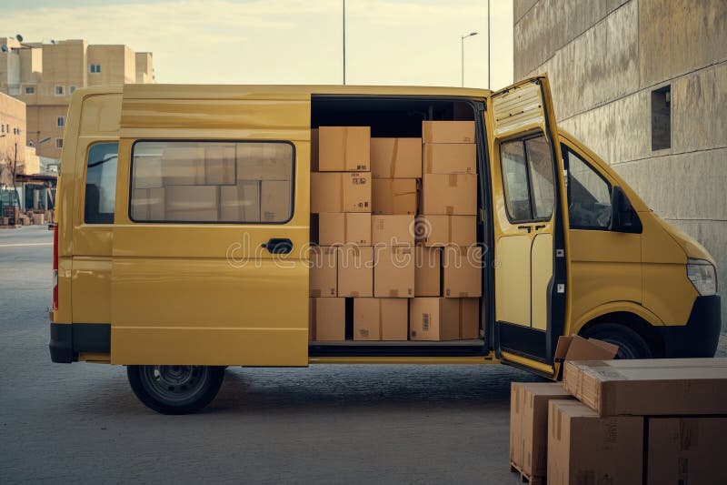 A Yellow Van with a Bunch of Boxes in the Back, Suitable for Business ...