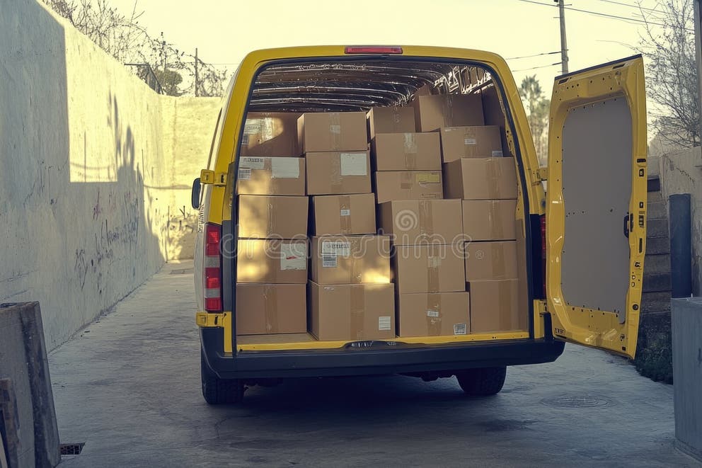 A Yellow Van with a Bunch of Boxes in the Rear Compartment, Ready for ...