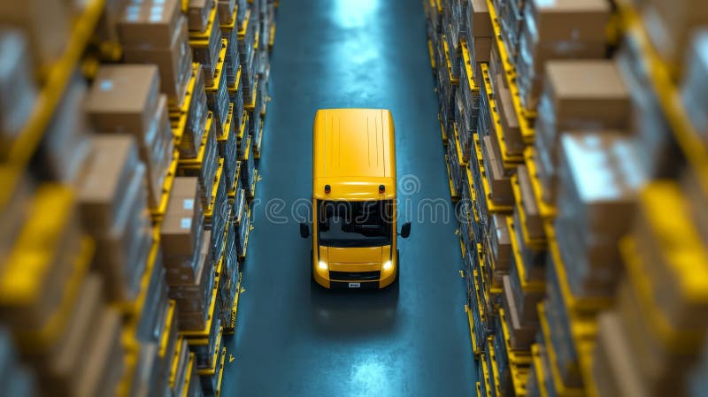 Yellow Van Driving through Warehouse Aisle Stock Illustration ...