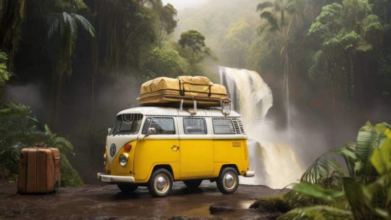 Yellow Van in the Rainforest in Front of a Waterfall Stock Illustration ...