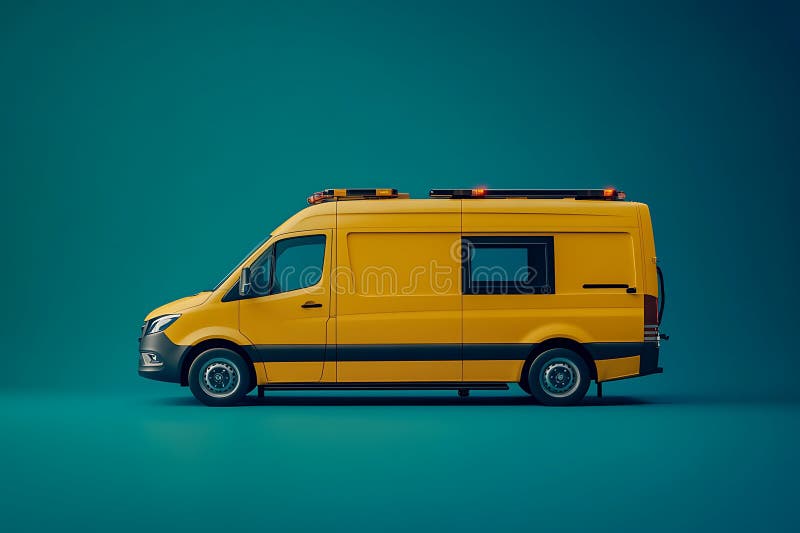 Yellow Van Side View on Teal Background Stock Illustration ...
