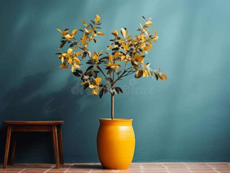 A Yellow Vase with a Tree in it Stock Illustration - Illustration of ...