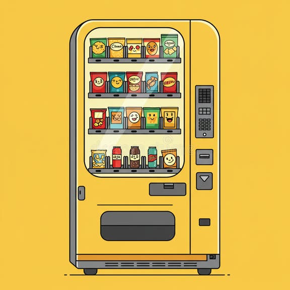 Yellow Vending Machine Displaying Various Snacks and Drinks. Features ...