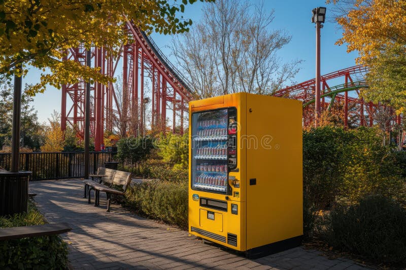 A Yellow Vending Machine is in Front of a Red Roller Coaster Stock ...