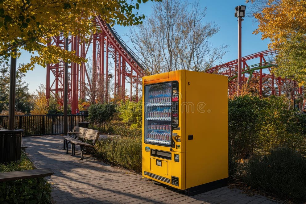 A Yellow Vending Machine is in Front of a Red Roller Coaster Stock ...
