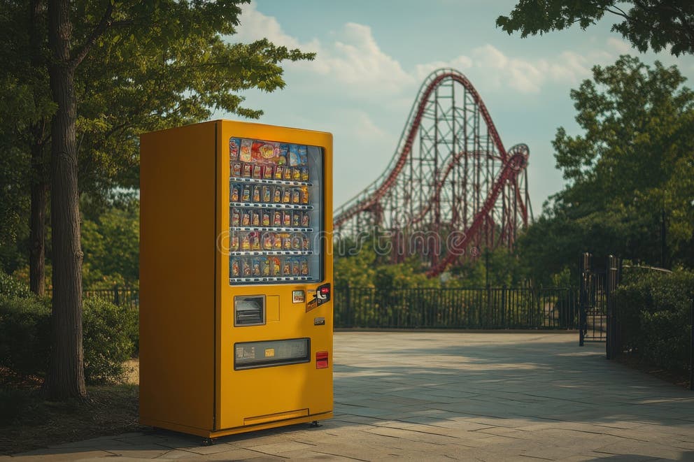 A Yellow Vending Machine is in Front of a Roller Coaster Stock ...