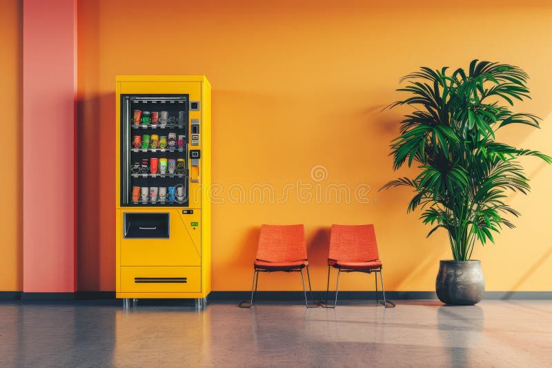 A Yellow Vending Machine with a Green Plant in Front of it with ...
