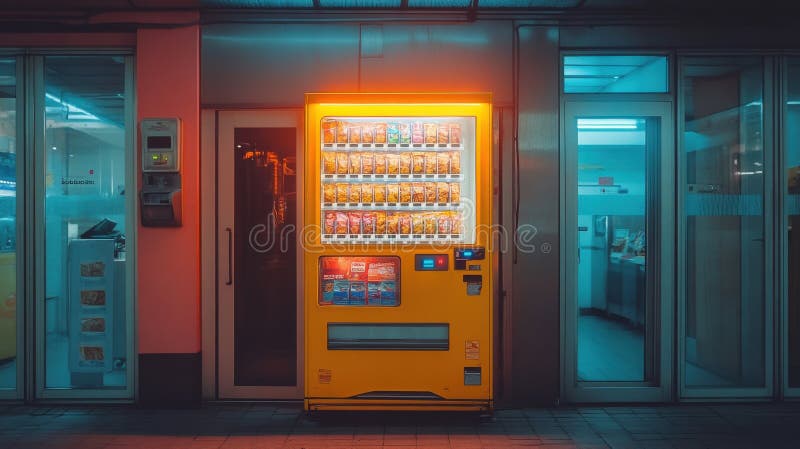 A Yellow Vending Machine with a Neon Sign on it Stock Image - Image of ...