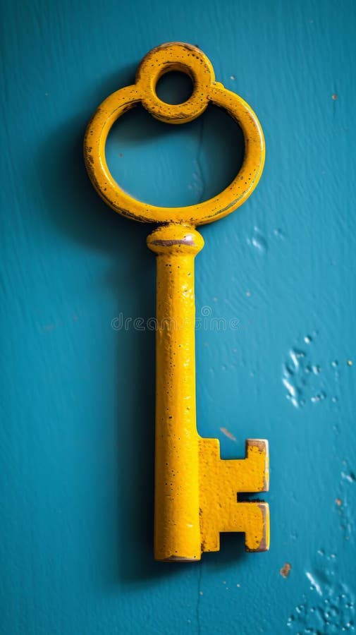 Yellow Vintage Key on a Blue Textured Background Stock Image - Image of ...