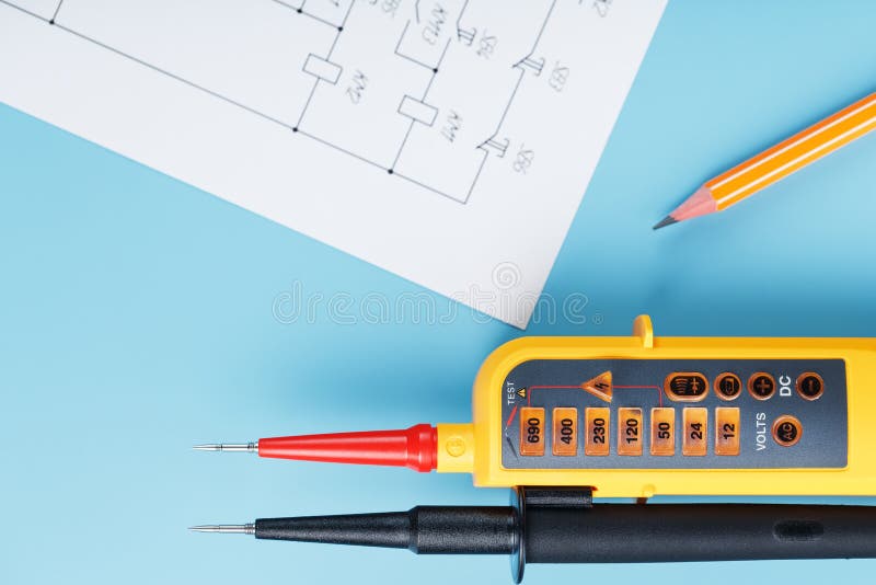 Yellow Voltage Indicator with an Electrical Diagram on a Blue ...