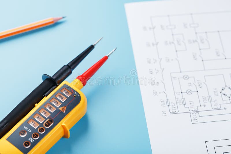 Yellow Voltage Indicator with an Electrical Diagram on a Blue ...