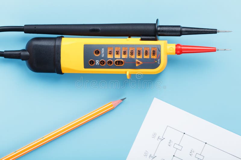 Yellow Voltage Indicator with an Electrical Diagram on a Blue ...