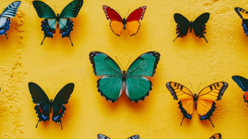 Yellow Wall with Many Cut Paper Butterflies. Stock Image - Image of ...