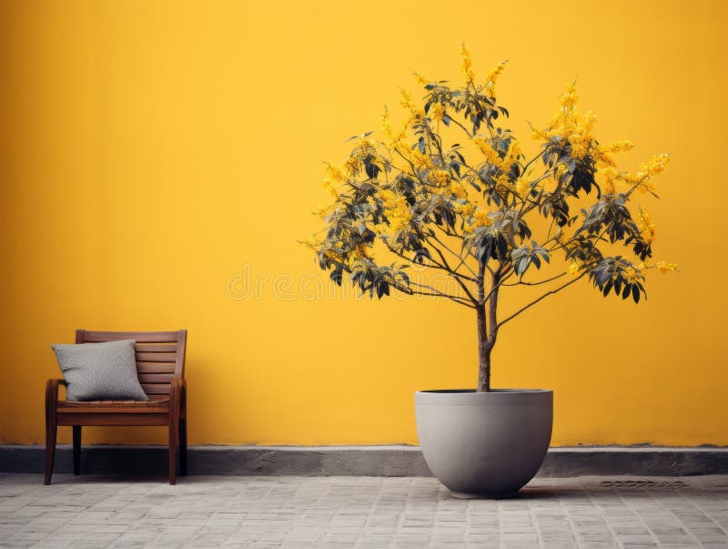 A Yellow Wall with a Potted Tree in Front of it Stock Illustration ...