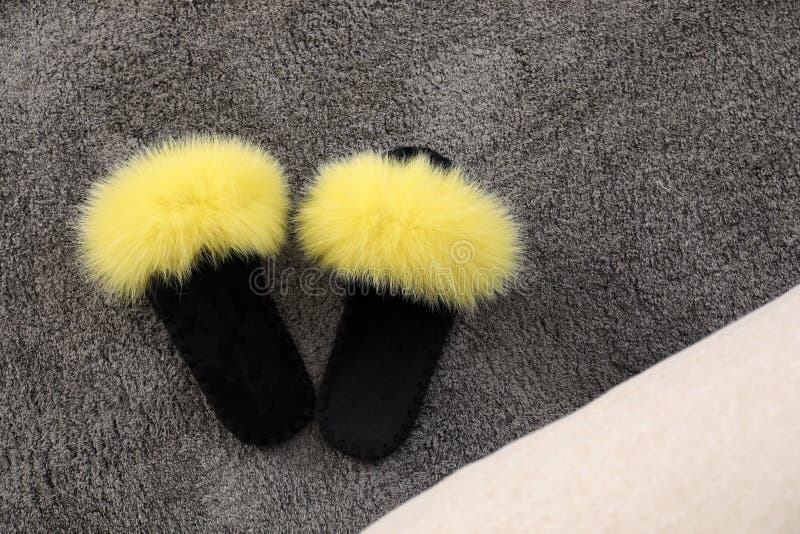 Yellow Warm Slippers on Floor in Room, Flat Lay Stock Image - Image of ...