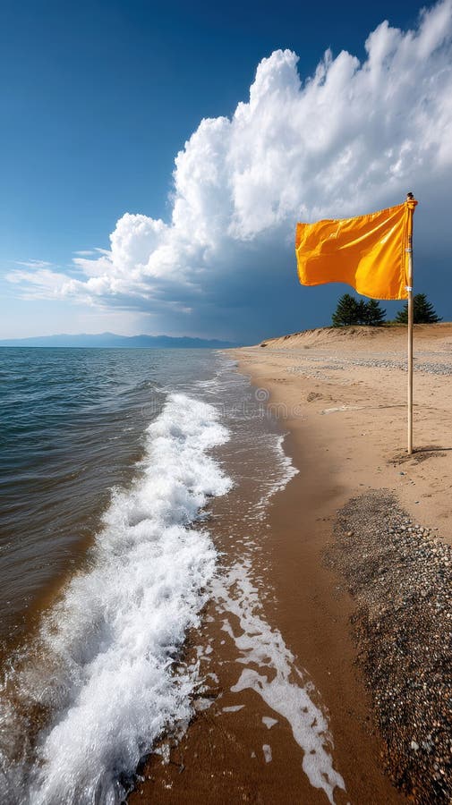 Yellow Warning Flag on Beach with Incoming Storm Clouds Stock ...