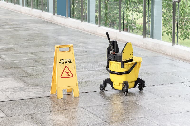 Yellow Warning Sign with Message Caution Wet Floor with Cleaning ...