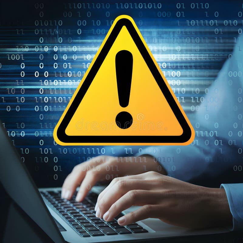Yellow Warning Triangle Amid Binary Code, Typing Hands Suggest ...