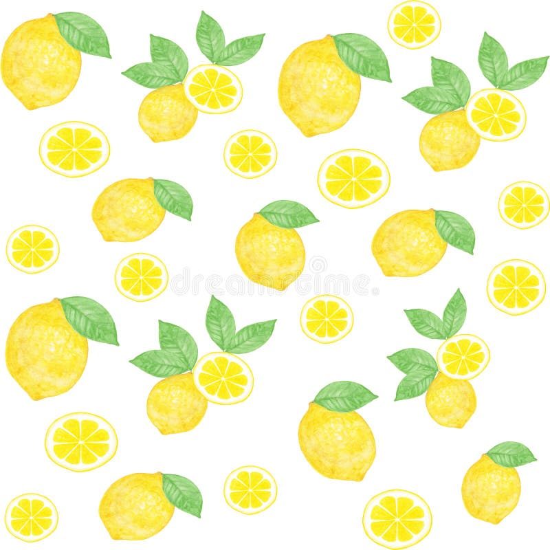 Yellow Watercolor Lemon Slices Pattern on White Background. Watercolor ...