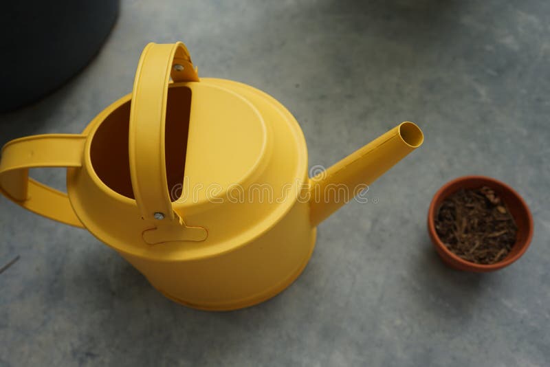 Yellow Watering Can with Dry Ton Pot Stock Photo - Image of plant ...