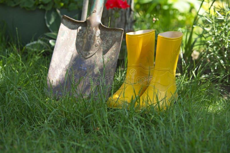 Yellow Wellingtons Standing on the Grass by the Pitchfork, Stock Photo ...
