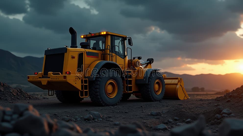 Yellow Wheel Loader at Sunset. Stock Illustration - Illustration of ...