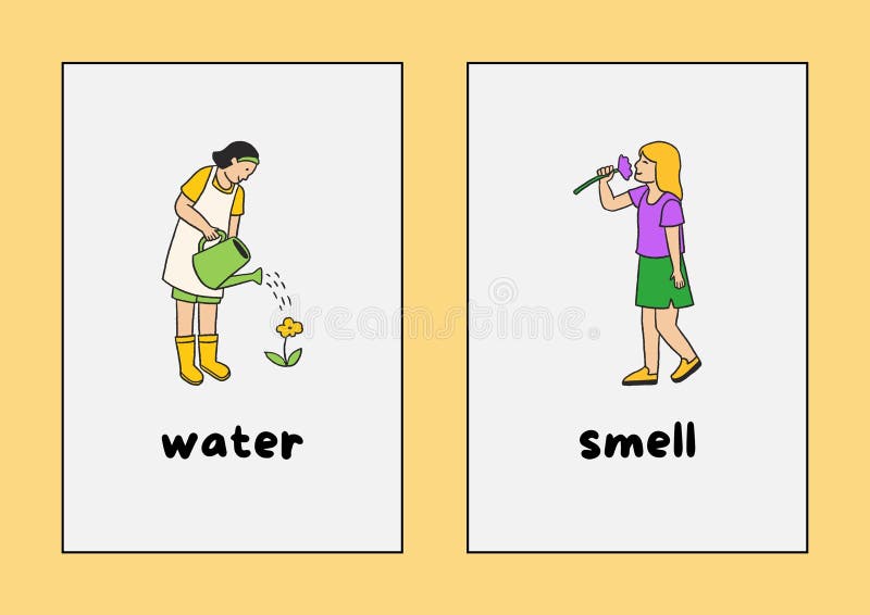 Yellow White Illustrated English Common Action Words Flashcards - 9 ...