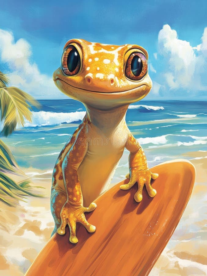 A Yellow and White Lizard is Standing Behind a Surfboard Stock ...