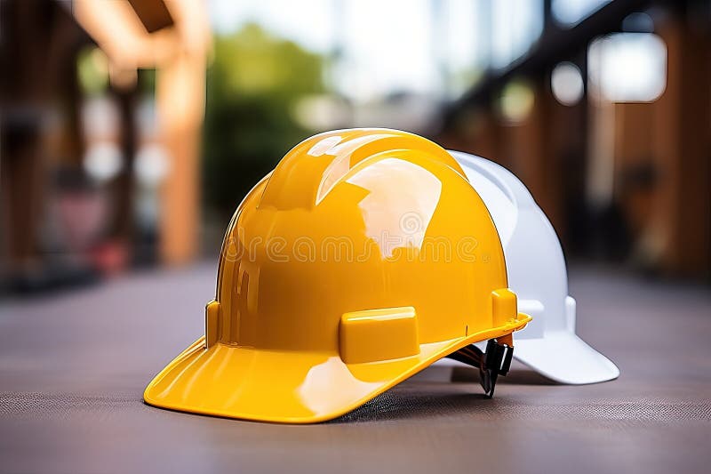 Yellow and White Safety Helmets on Construction Site. Concept of ...