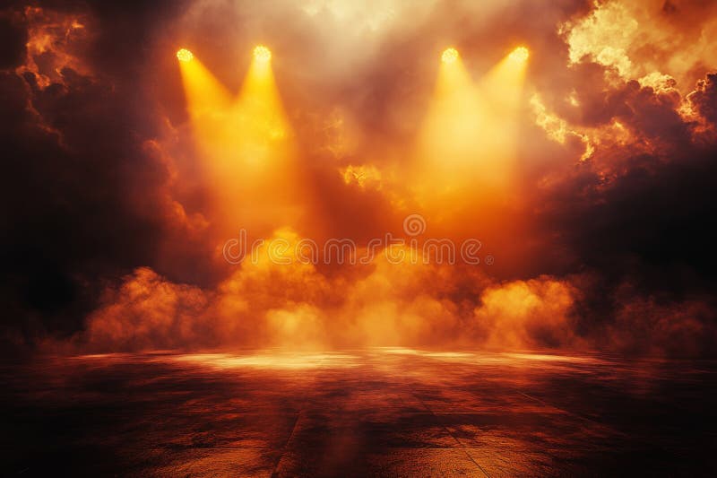 Yellow and White Spotlights Light Up the Stage Floor in a Dim Room ...