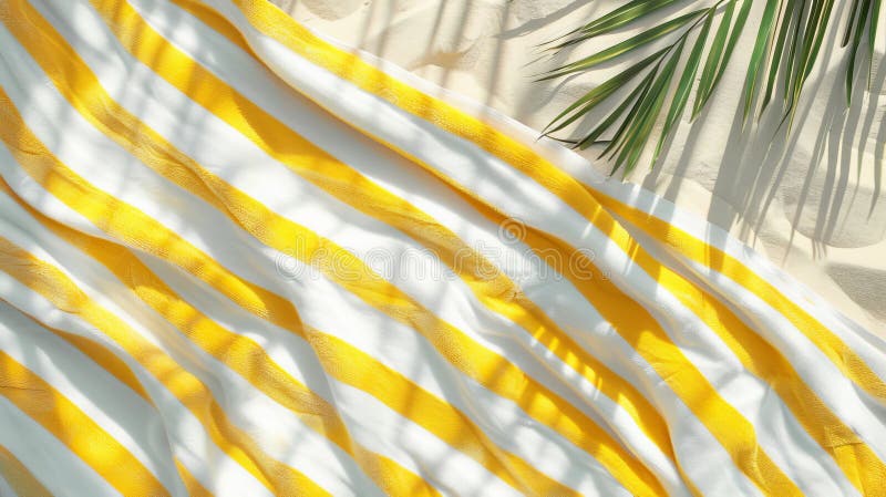 Yellow and White Striped Beach Towel on Sand with Palm Leaf Shadows ...