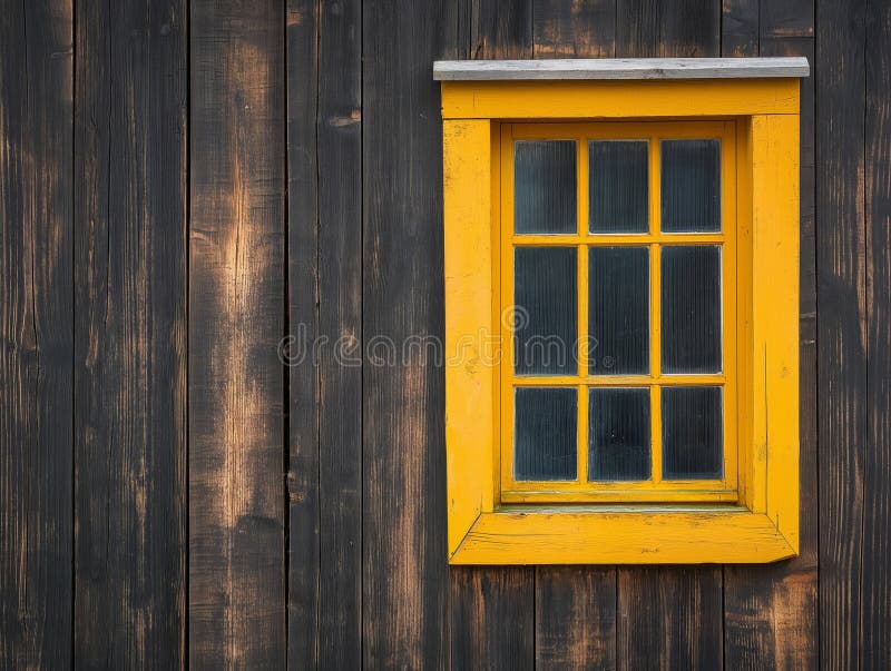 A Yellow Window with a Wooden Frame Sits in Front of a Black Wall Stock ...