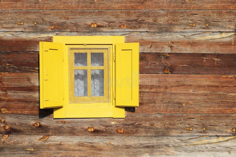 Yellow Window on Wooden Wall Stock Photo - Image of texture, building ...