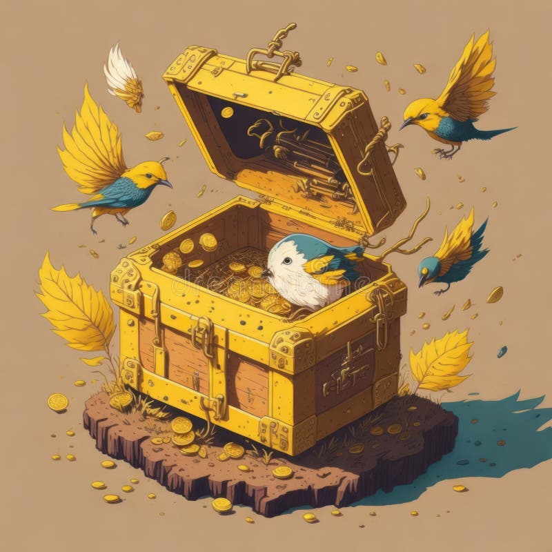 A Yellow Winged Imaginary Bird with a Treasure Box.generative AI Stock ...