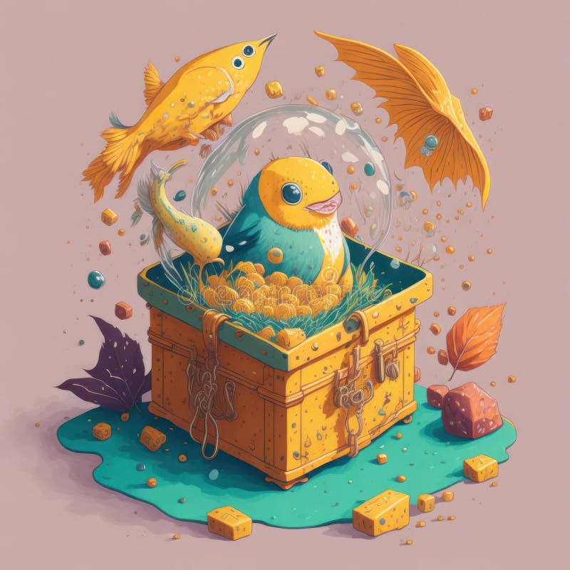 A Yellow Winged Imaginary Bird with a Treasure Box.generative AI Stock ...